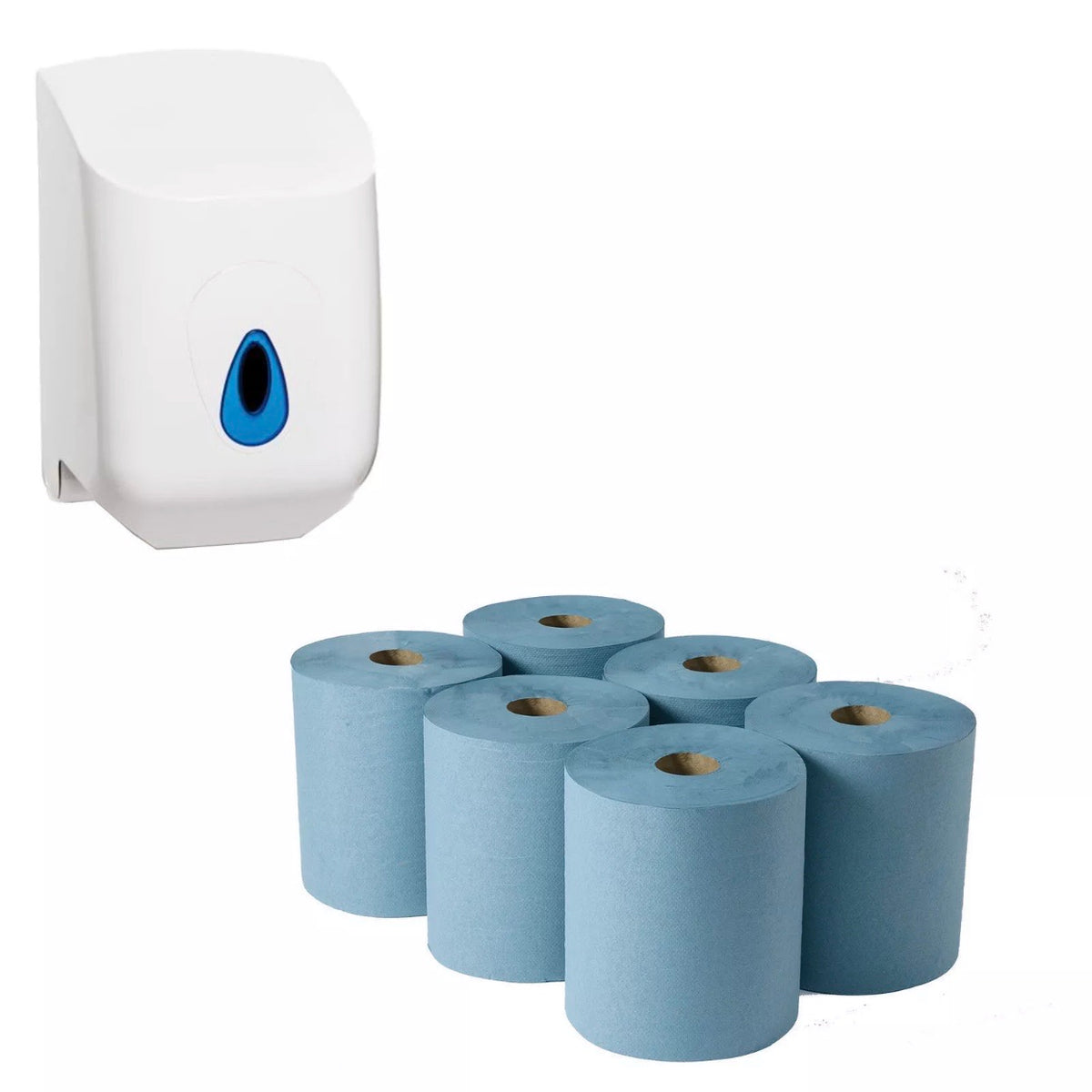 6 Pack Of Blue Roll + Wall Mounted Dispenser